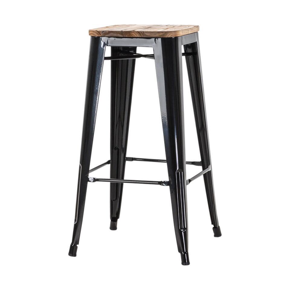 Legend Metalen barkruk zwart - met houten zitting - 77 cm | Leen Bakker
